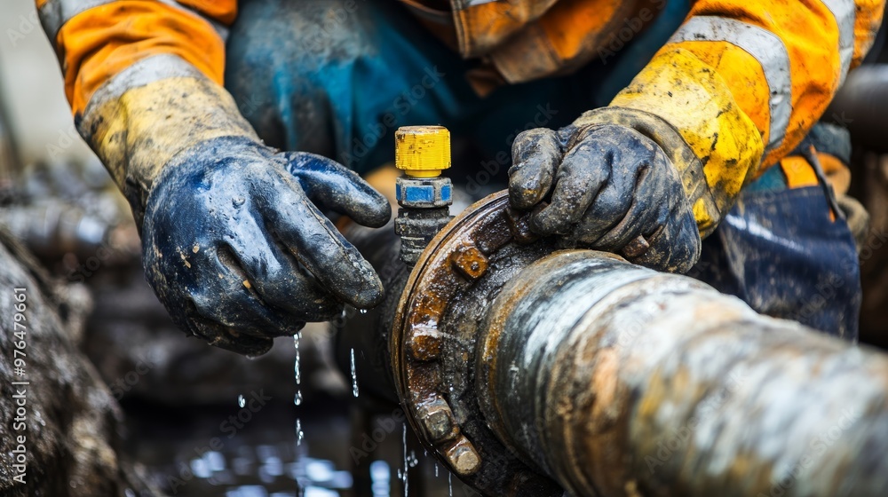 Utility worker using tool to repair the broken pipe valve for ...