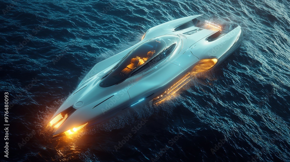 Futuristic white speedboat with glowing lights, navigating through ...