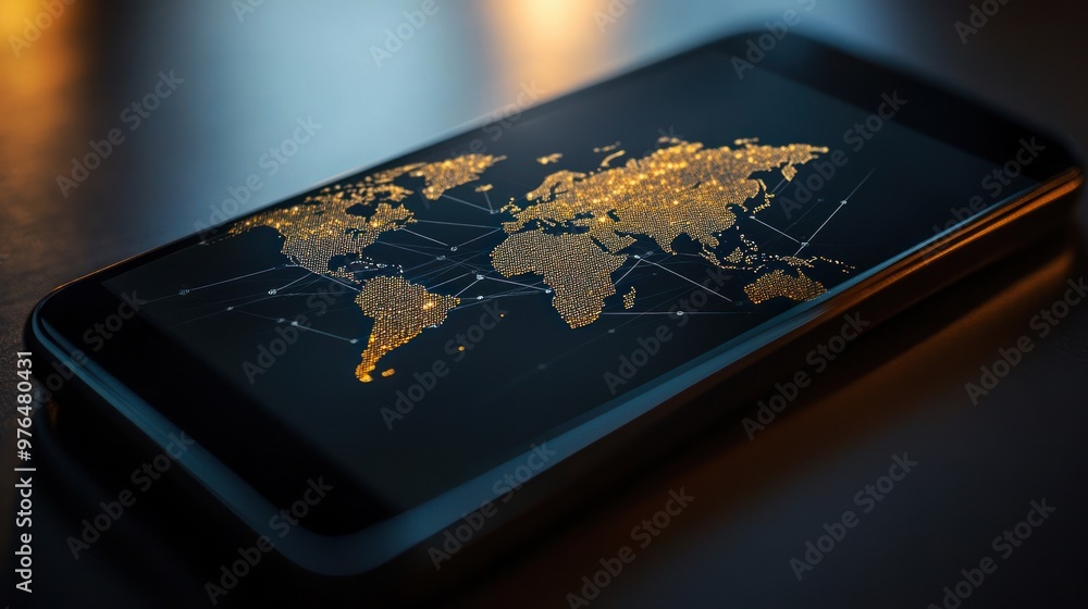 A detailed shot of a smartphone displaying a world map with network ...