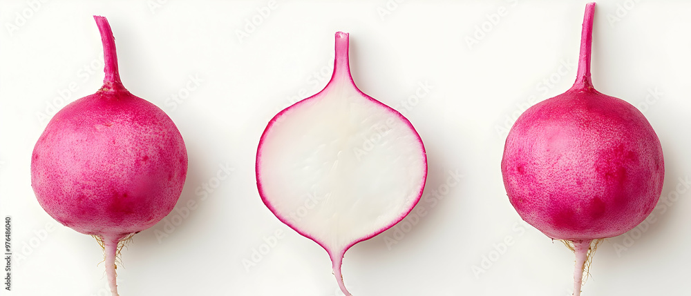 Fresh pink radishes displayed whole and sliced, showcasing vibrant ...