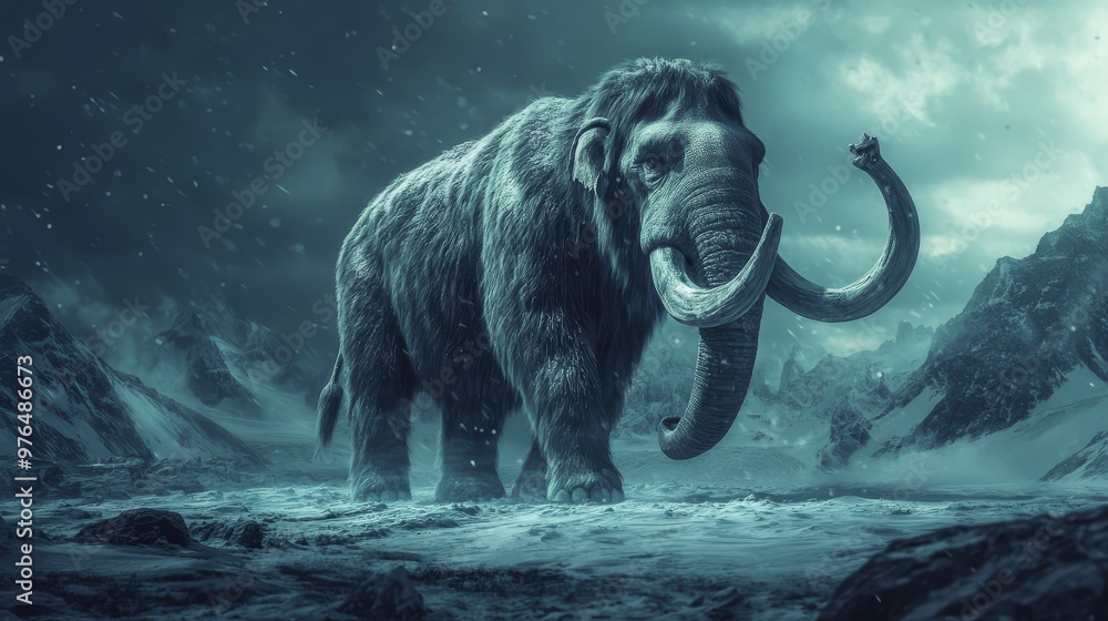 Majestic woolly mammoth in an icy prehistoric landscape, showcasing the ...