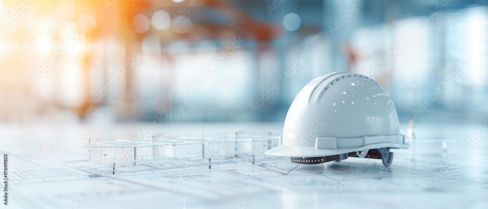 Construction planning, a white hard hat rests on architectural ...