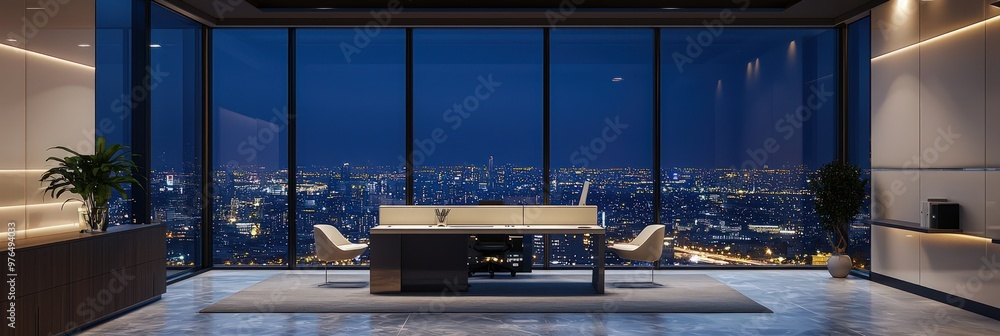 Night View Office Design with Ivory Walls and Wide Windows, Minimalist ...