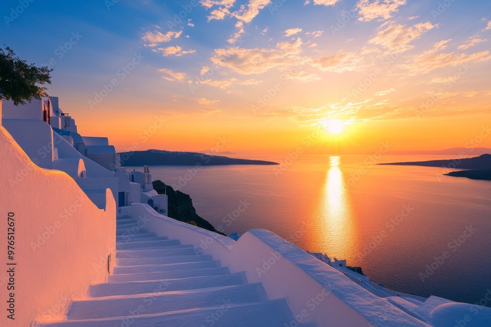 A breathtaking sunset over the Aegean Sea, casting warm hues on the ...