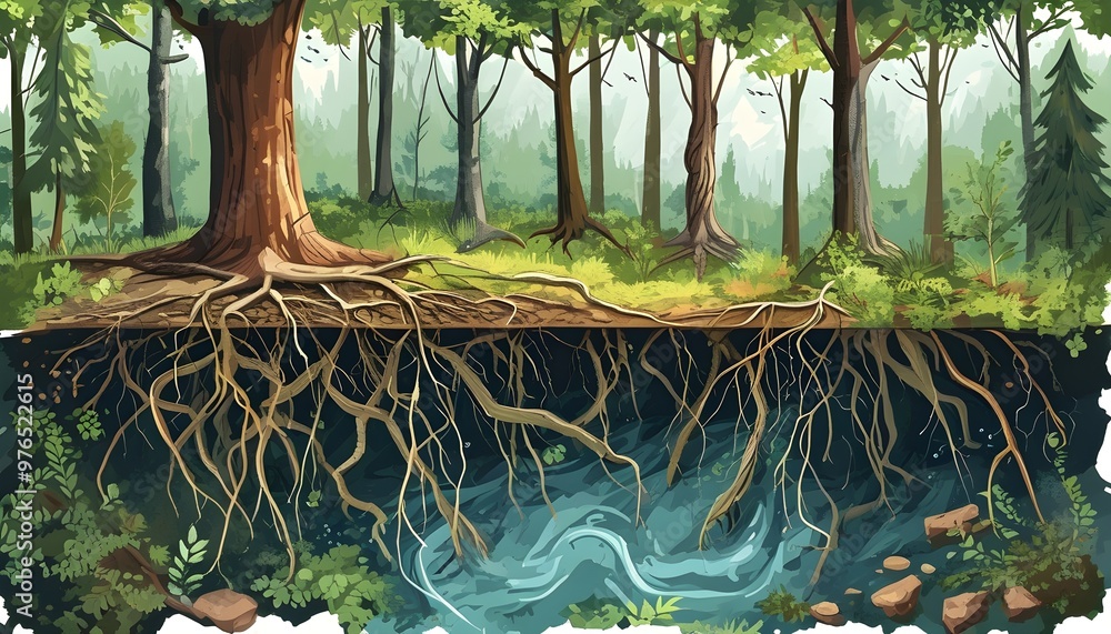 Hidden Layers of Nature: An Illustrated Forest Landscape with Trees ...