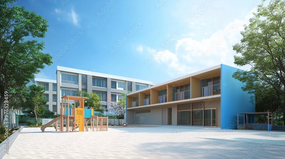 Kindergarten building blue color for kids student play and blue sky ...