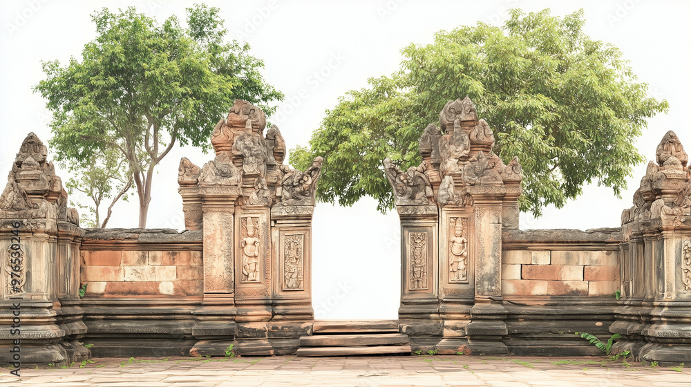 Ancient stone gate with intricate carvings, flanked by lush green trees ...