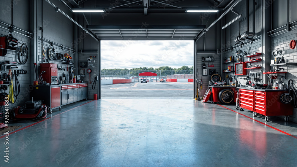 Car service garage with open roller door leading to race track Stock ...