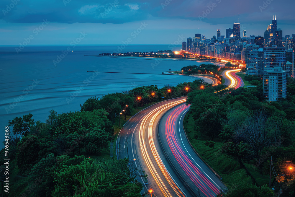 At night, the light trajectory of the taillights of fast-moving ...