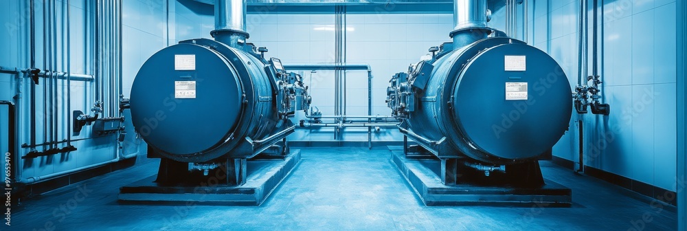 Industrial gas boiler room interior featuring two large, powerful ...