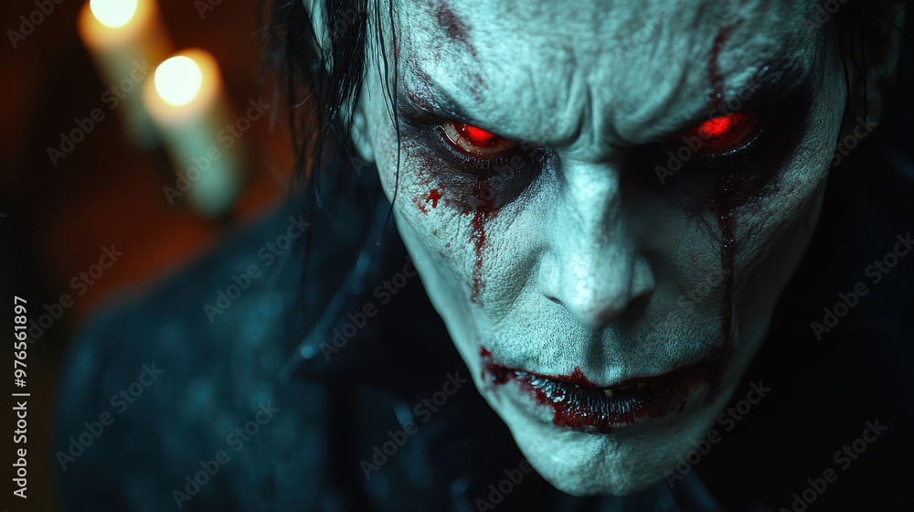 Malevolent Vampire with Glowing Red Eyes and Sharp Fangs in Dramatic ...