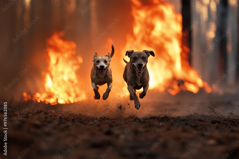Two dogs run away from a forest fire with determination and courage ...