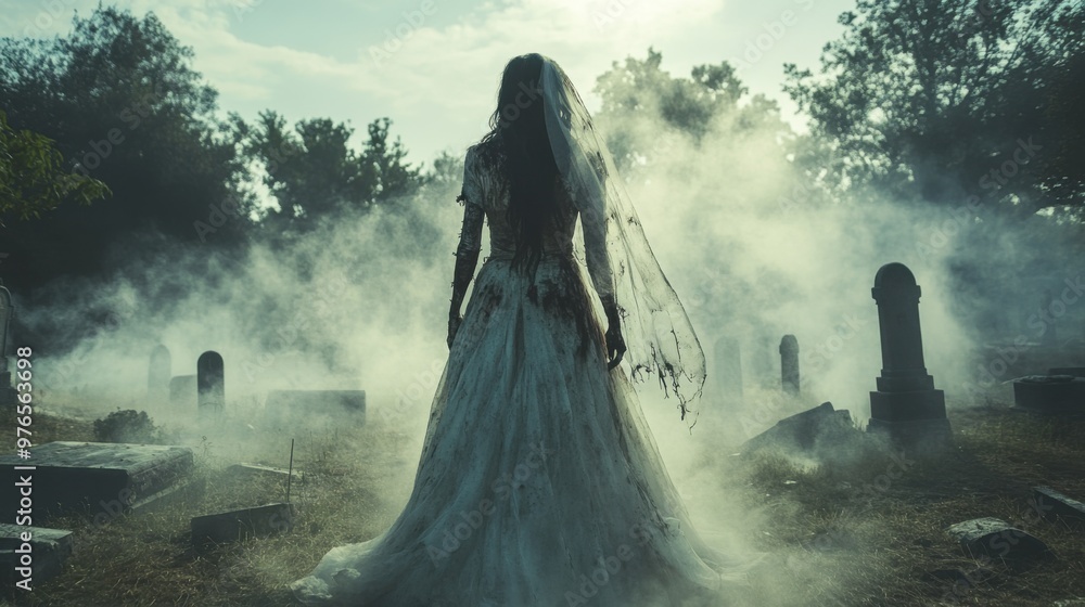 Haunting Zombie Bride in Tattered White Dress Amidst Foggy Graveyard ...