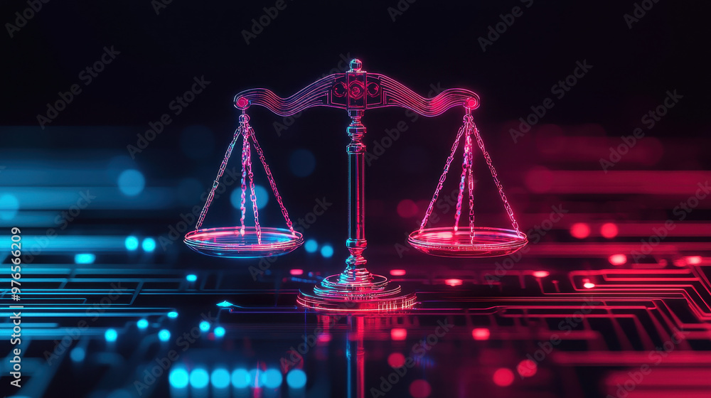 A digital representation of balanced scale symbolizing justice, set ...