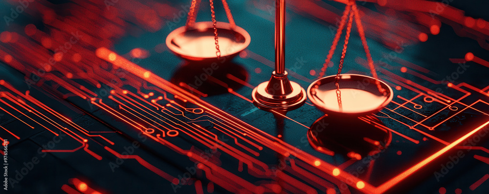 image features close up of balanced scale symbolizing justice, set ...