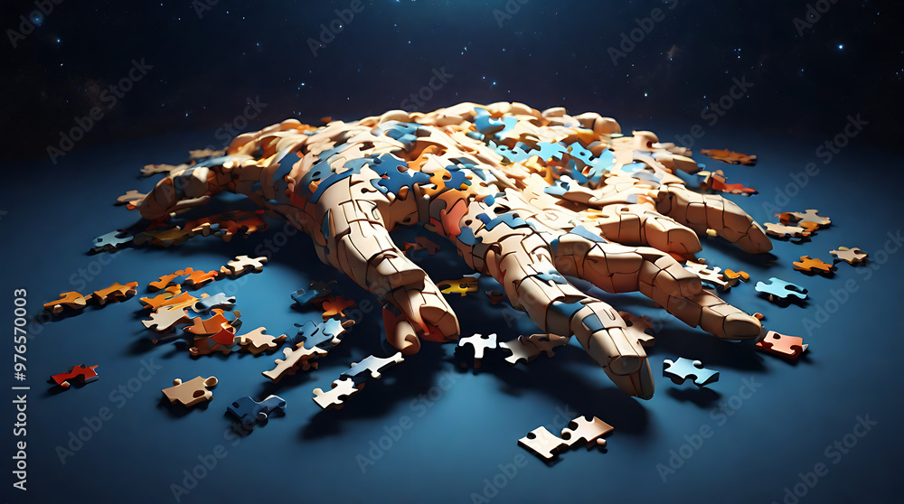 3D illustration of a giant hand made of interconnected puzzle pieces ...
