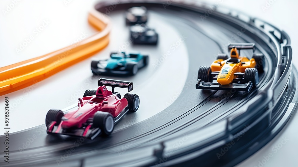 A vibrant Formula 1 toy track featuring miniature cars racing on a ...