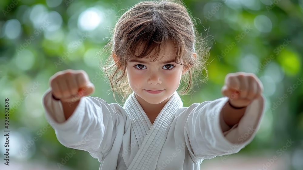 Cute kid in a karate stance with both hands raised in front wearing a ...