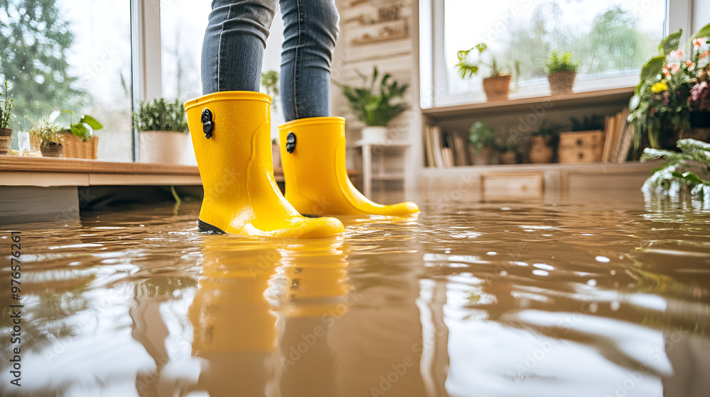 Flood and inundated concept image with person wearing yellow rubber ...