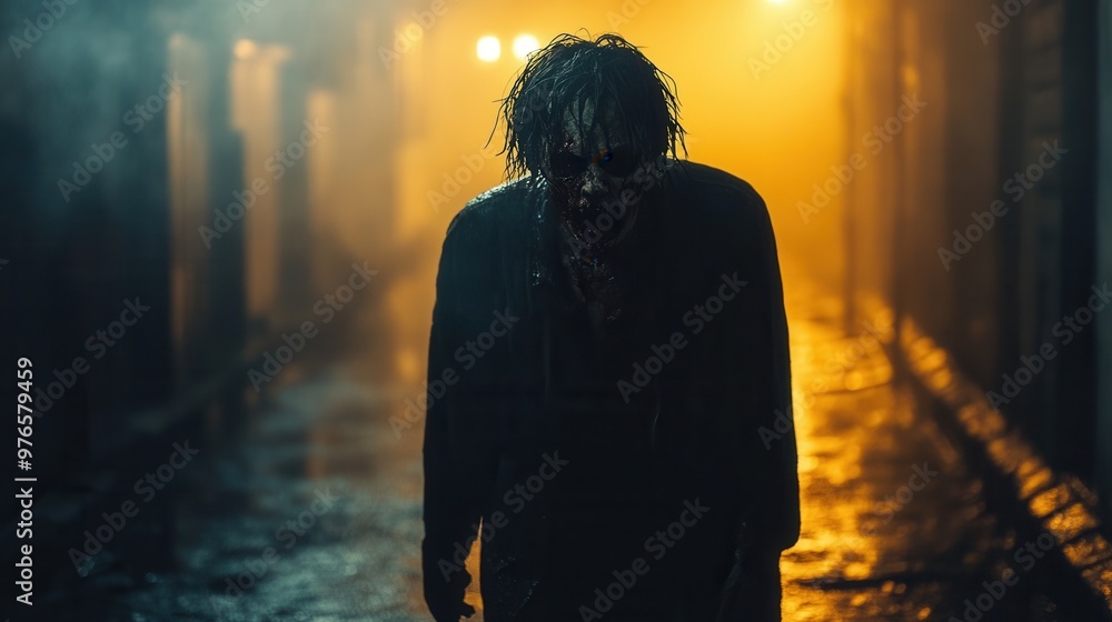 Creepy Zombie in Urban Setting with Decaying Skin and Bloodshot Eyes ...