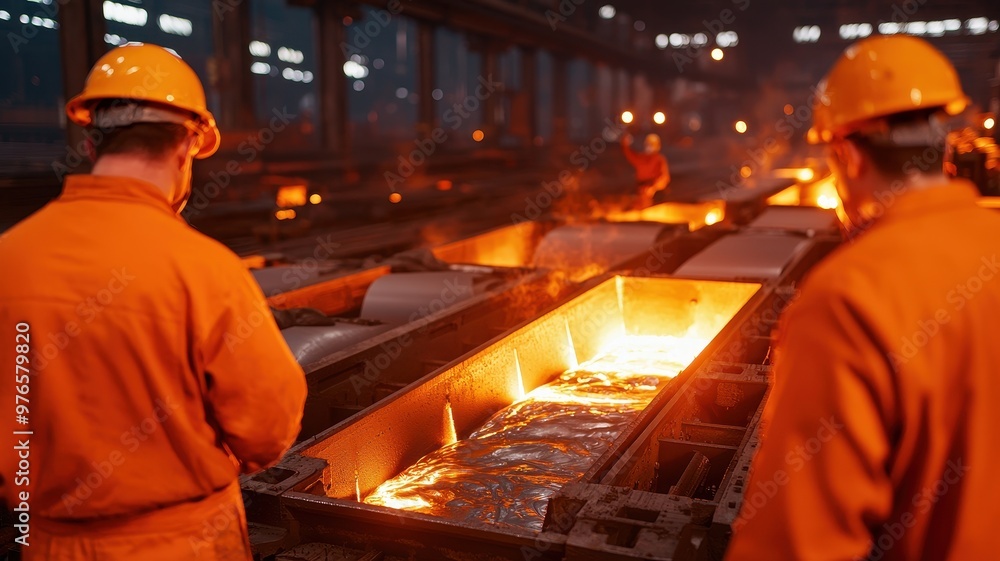 Workers in orange uniforms and helmets observe molten metal pouring in ...