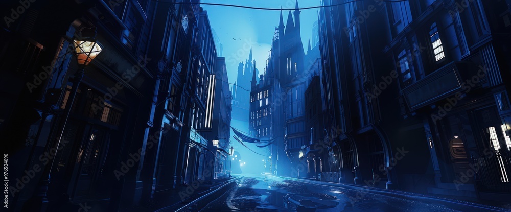 Spooky urban street scene with spectral lights and sinister shadows ...