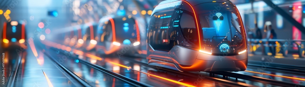 Futuristic public transit hub with electric, autonomous vehicles, sleek ...