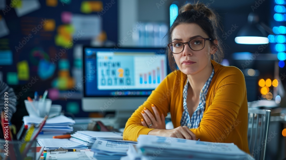 Office worker looking stressed and overwhelmed at a desk full of ...