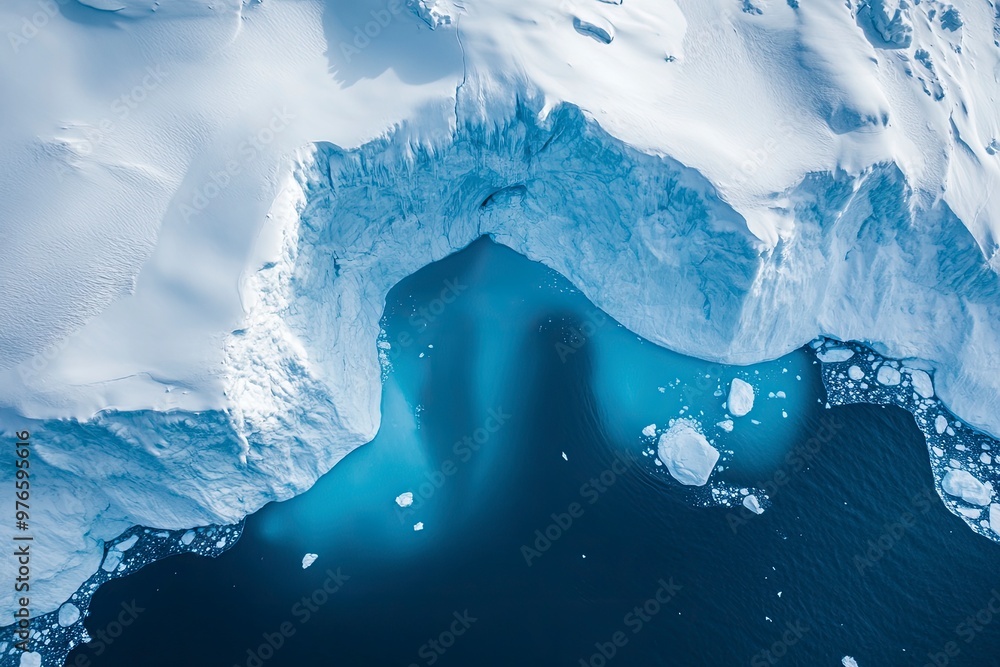Giant Antarctica glacier arch aerial panorama. Snow covered iceberg ...