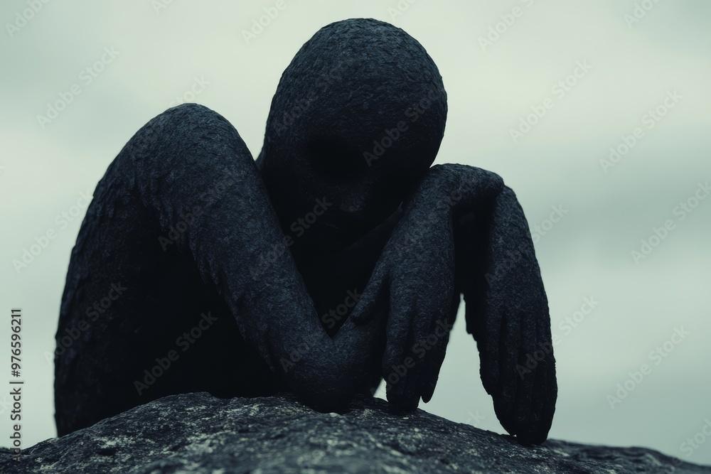 A haunting image of a fallen angel with dark tattered wings kneeling on ...