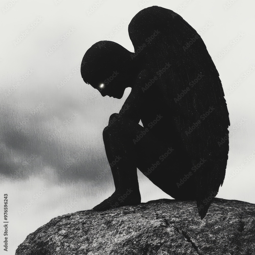 A haunting image of a fallen angel with dark tattered wings kneeling on ...