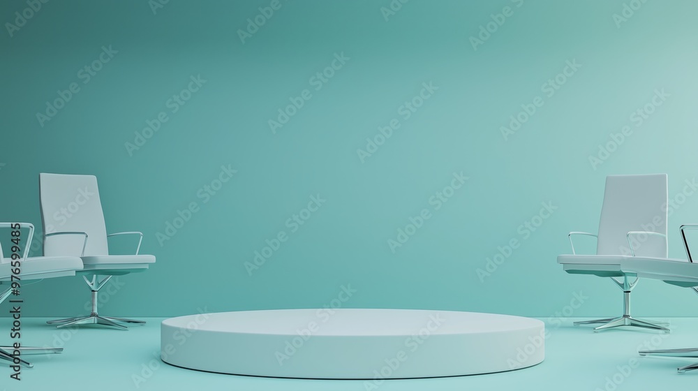 Modern studio setting with white chairs and circular platform against a ...