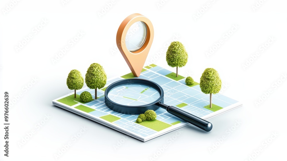 Isometric Map Design with Location Pin and Magnifying Glass for ...