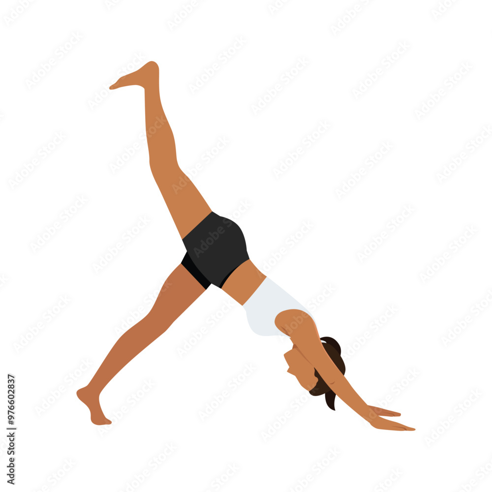 Young woman doing Downward Facing Dog Split Pose, Down Dog Split, Eka ...