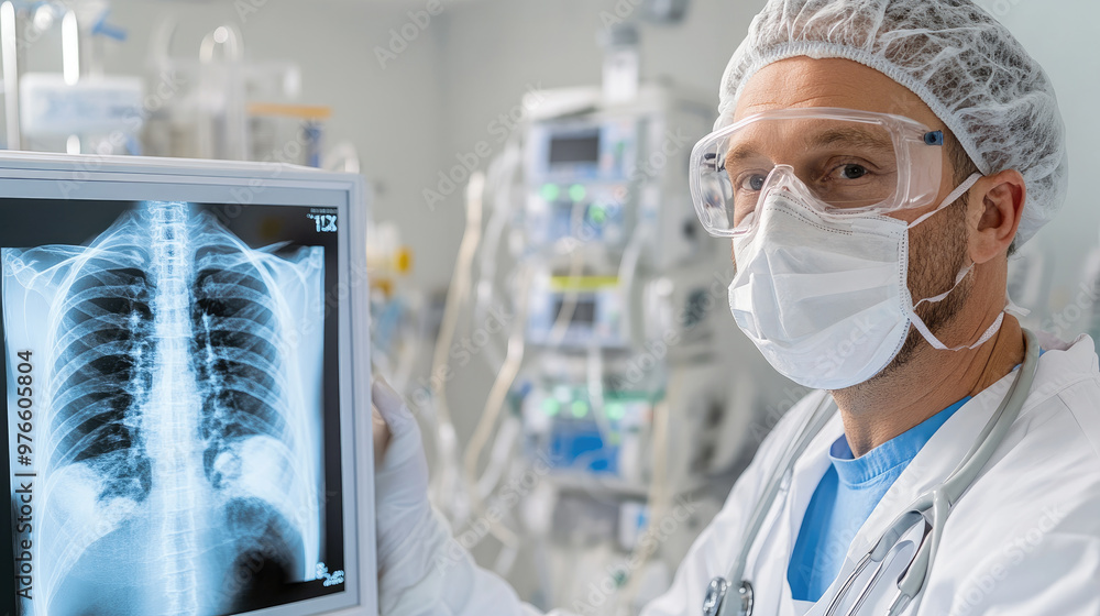 A doctor is reviewing patients X ray on lightbox in medical facility ...
