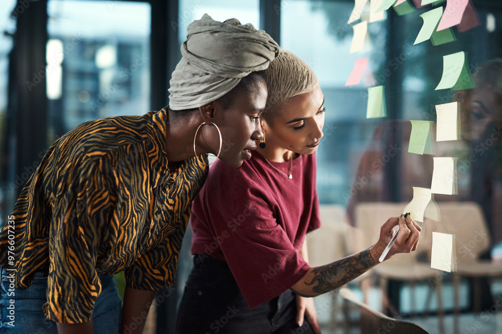 Creative business, women and sticky notes on glass for writing project ...