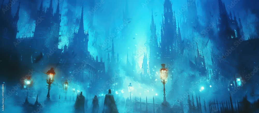 Haunted cityscape with spectral figures and flickering street lamps ...