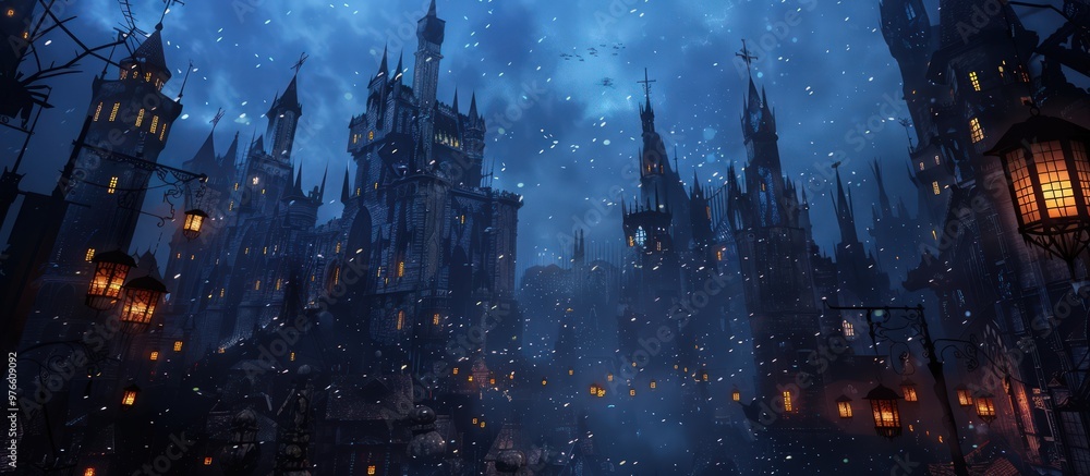 Haunted cityscape with flickering lanterns and ominous shadows cast by ...