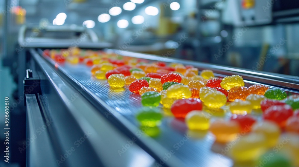 50. Production tape in a candy factory with jelly candies, shown with ...