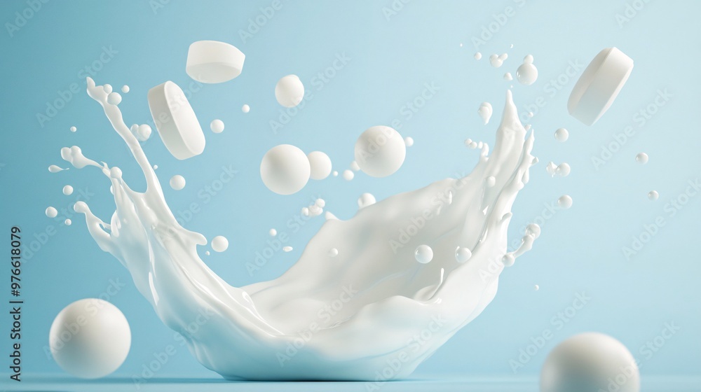 78. White milk tablets in mid-splash with calcium balls on a blue ...