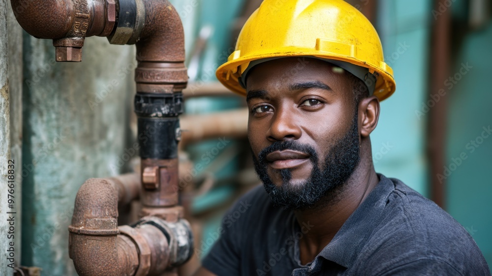 Black man plumber connecting a new drainage system in a construction ...