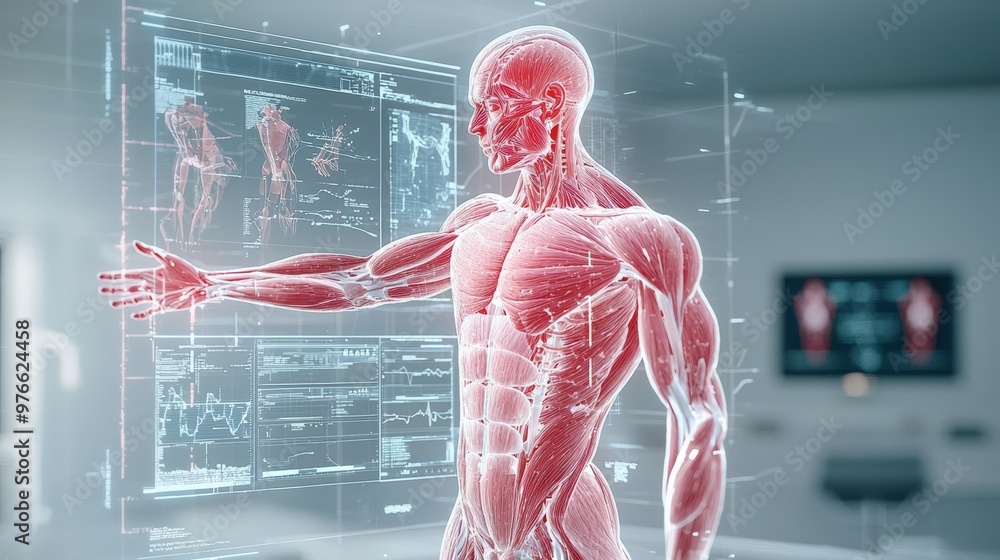 Futuristic digital human anatomy model showcasing muscle and bone ...