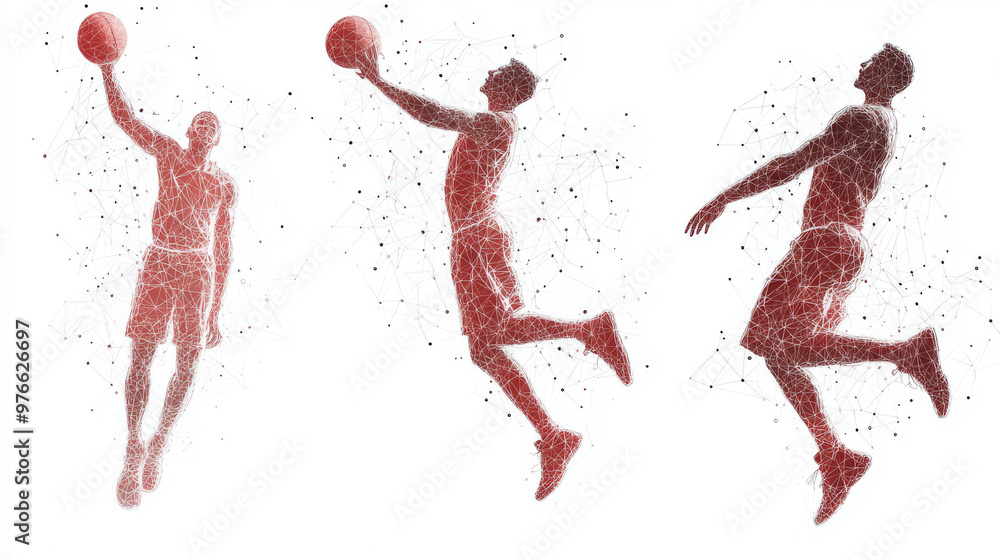 An abstract illustration of a basketball player performing a slam dunk ...