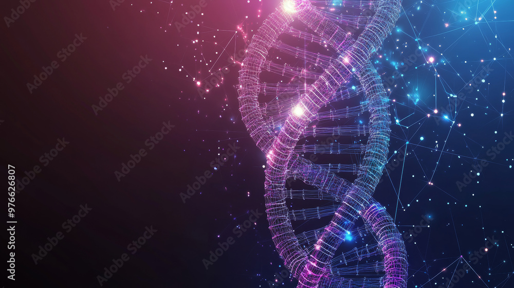Low poly wireframe illustration of a brain and DNA spiral. Purple ...