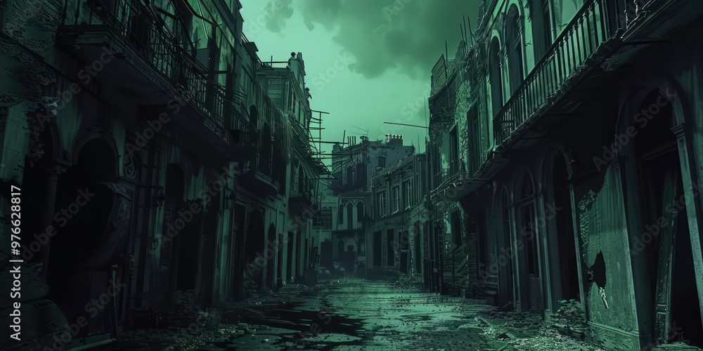 Creepy urban street scene with sinister shadows cast by old, haunted ...