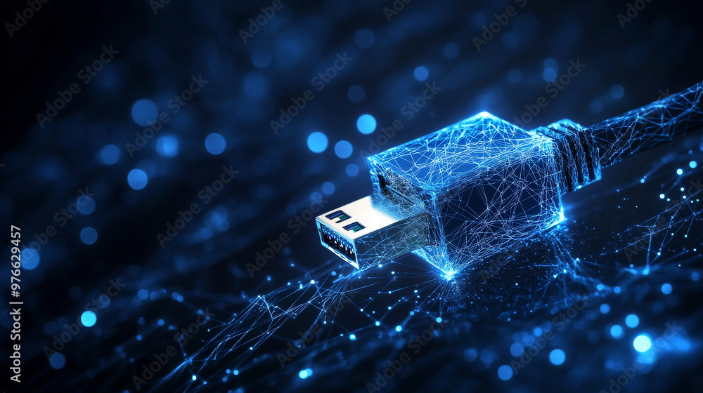 A low poly 3D illustration of an Ethernet cable connected to a network ...