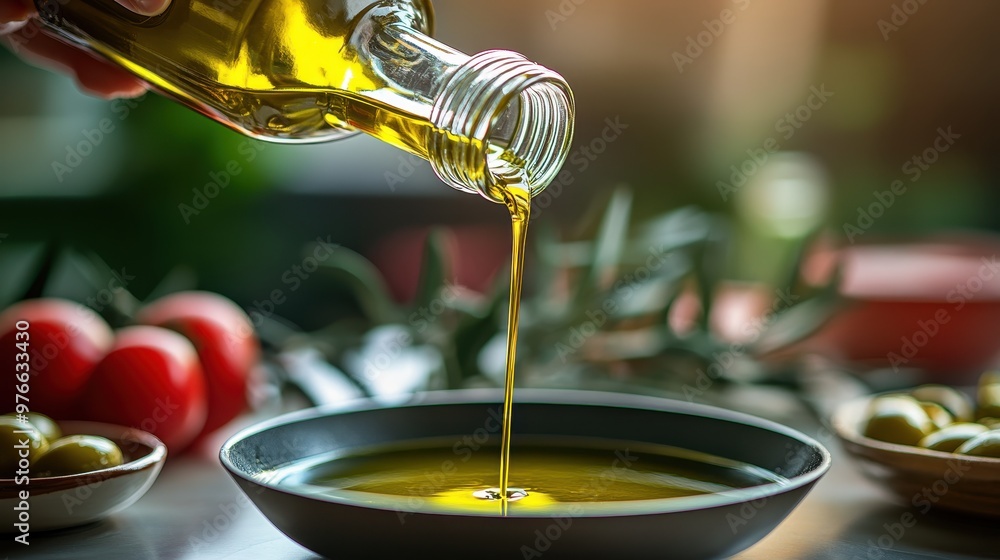 Hand tipping a bottle of olive oil, the golden liquid pouring out in a ...