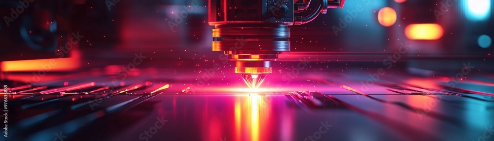 A high-resolution image of a laser cutting process, where a laser beam ...