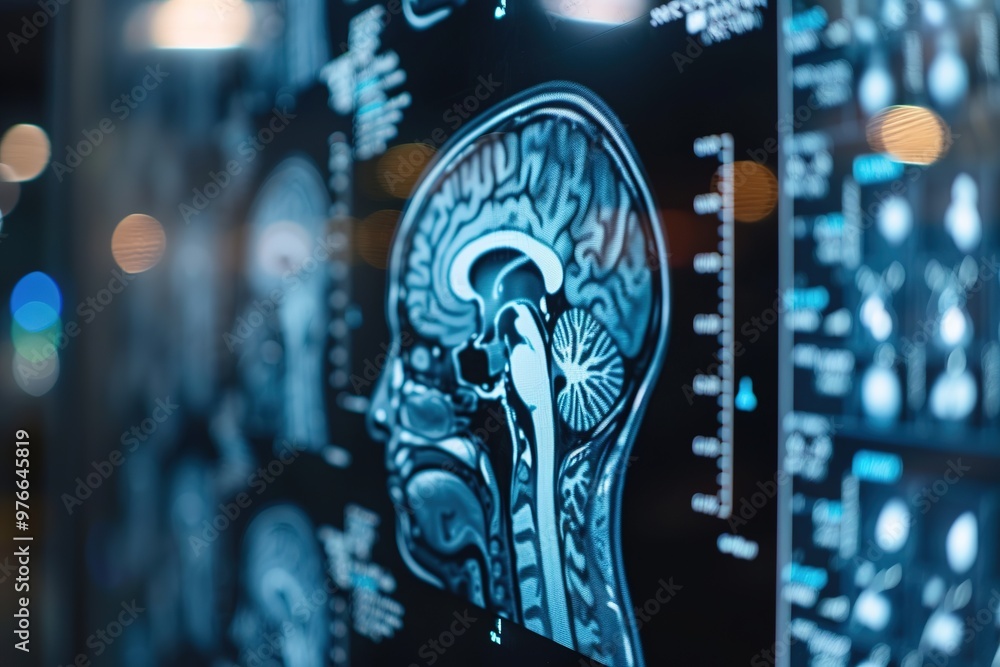 Illuminated brain MRI scans in blue tones showing medical detail Stock ...