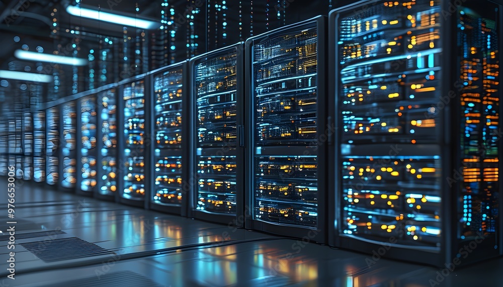 Futuristic data center featuring glowing server racks and ...